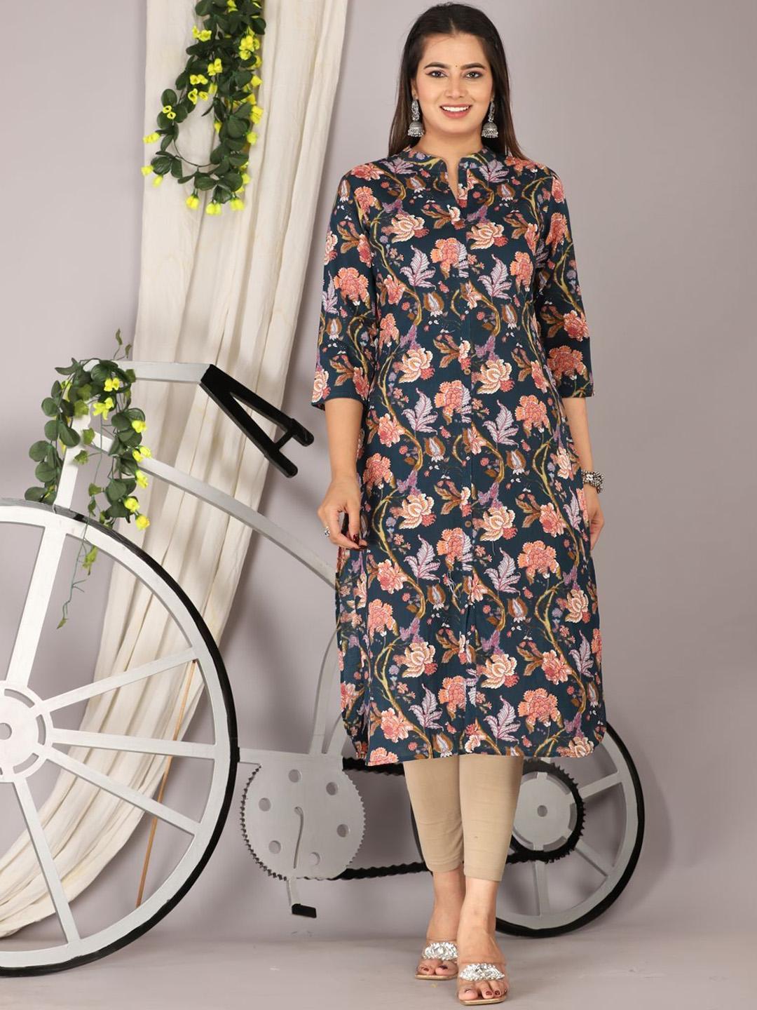 Buy Mehsoos Floral Printed Mandarin Collar Cotton Straight Kurta ...