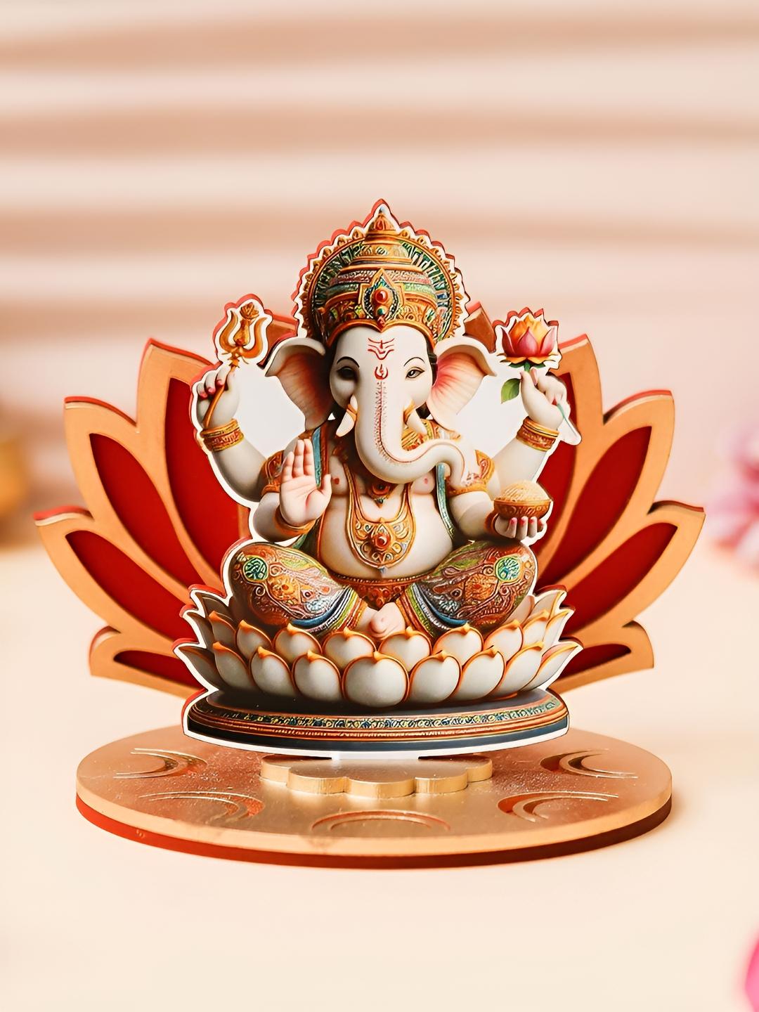 Buy ECraftIndia Lord Ganesha Sitting On Lotus Flower Red Wood Natural ...