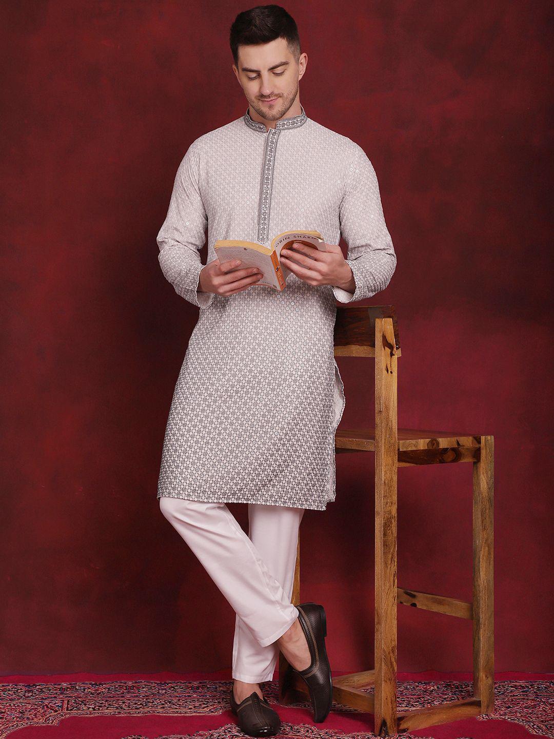 Buy Jompers Geometric Embroidered Mandarin Collar Sequinned Kurta With ...