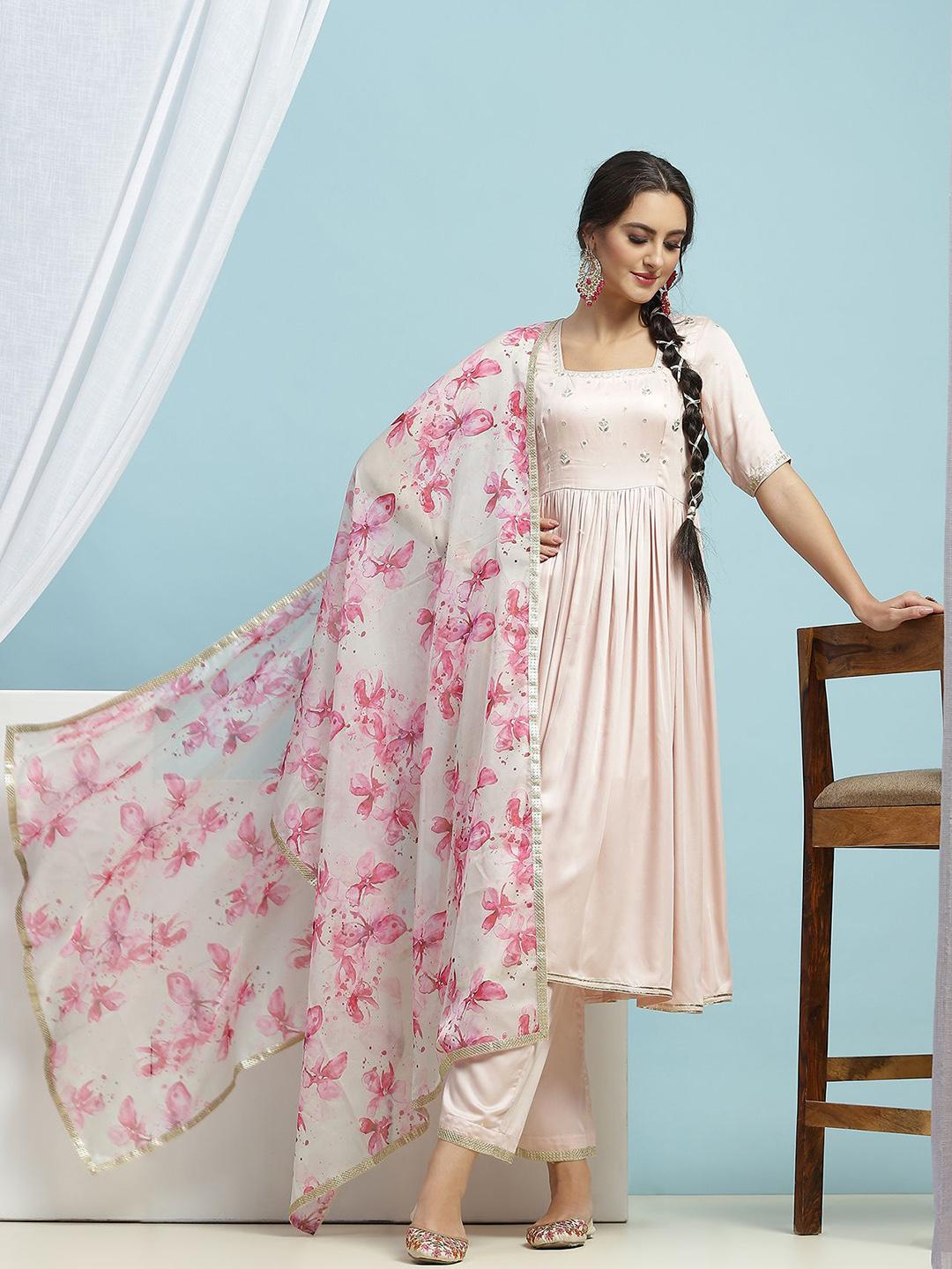 Buy Khushal K Square Neck Pleated Thread Work Anarkali Kurta With ...