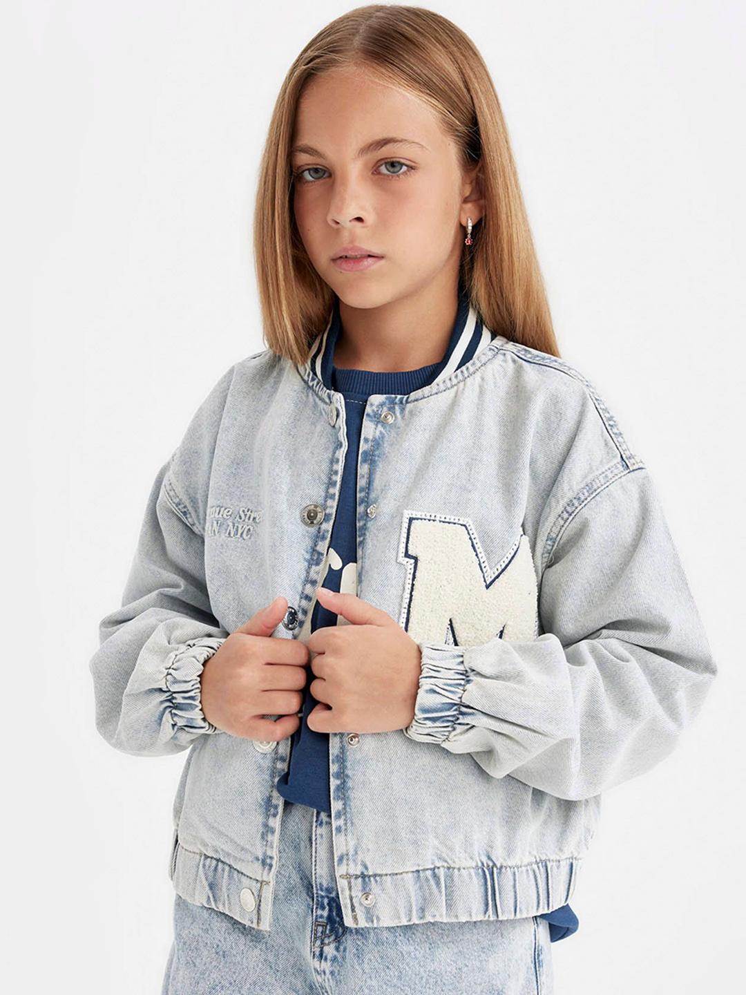 Buy DeFacto Girls Crop Denim Jacket With Patchwork - Jackets for Girls ...
