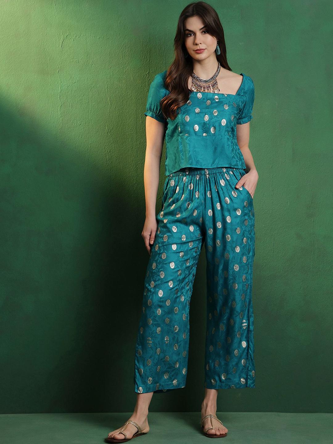 Buy Sangria Turquoise Blue Printed Top With Palazzo - Co Ords for Women ...