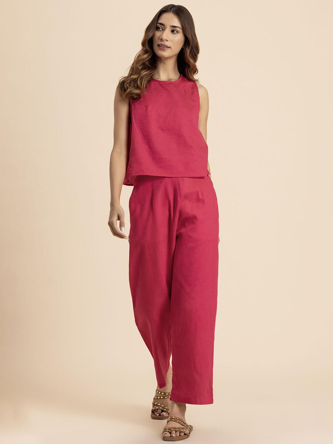 Buy Moomaya Round Neck Pure Cotton Top With Trousers - Co Ords for ...
