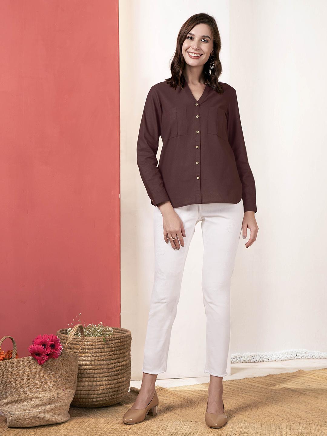 Buy Anouk Mandarin Collar Roll Up Sleeves Cotton Shirt Style Top ...