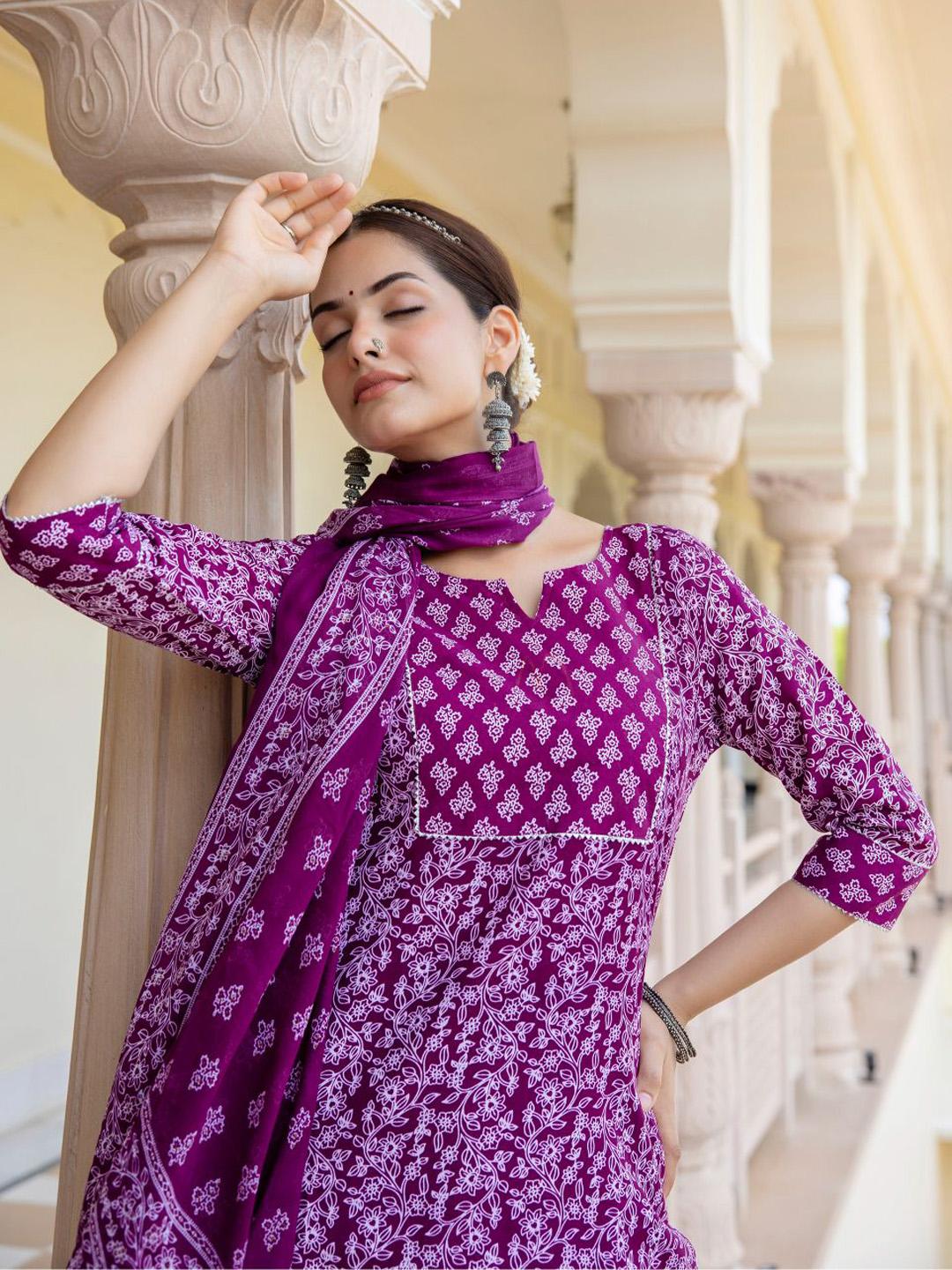 Buy Anouk Purple Floral Printed Gotta Patti Straight Kurta With Trouser ...