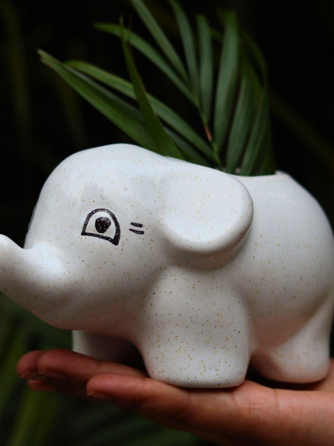 Buy WEAVING HOMES White Textured Ceramic Elephant Shaped Planters ...