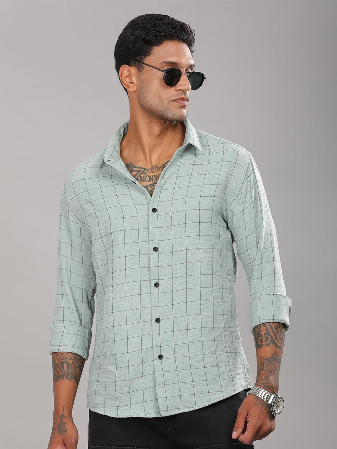 Buy PAUL STREET Men Standard Spread Collar Windowpane Checked Slim Fit ...