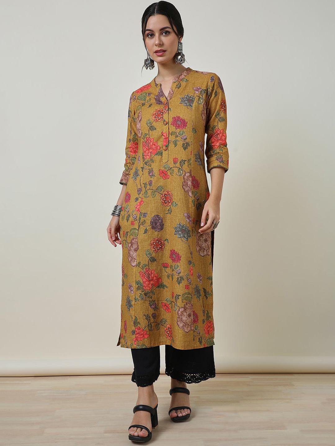 Buy Soch Floral Printed Mandrain Collar Linen Straight Kurta - Kurtas ...