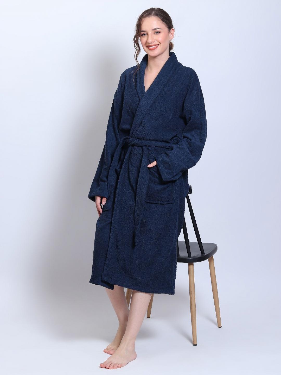 Buy ZAHYA Navy Blue Solid Cotton Drawstring Midi Bath Robe L - Bath ...