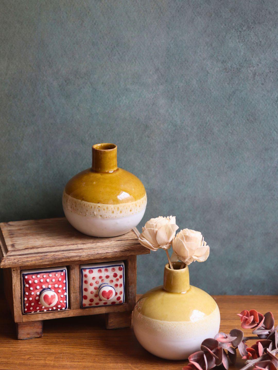 Buy WEAVING HOMES White & Mustard Textured Ceramic Flower Vase - Vases ...