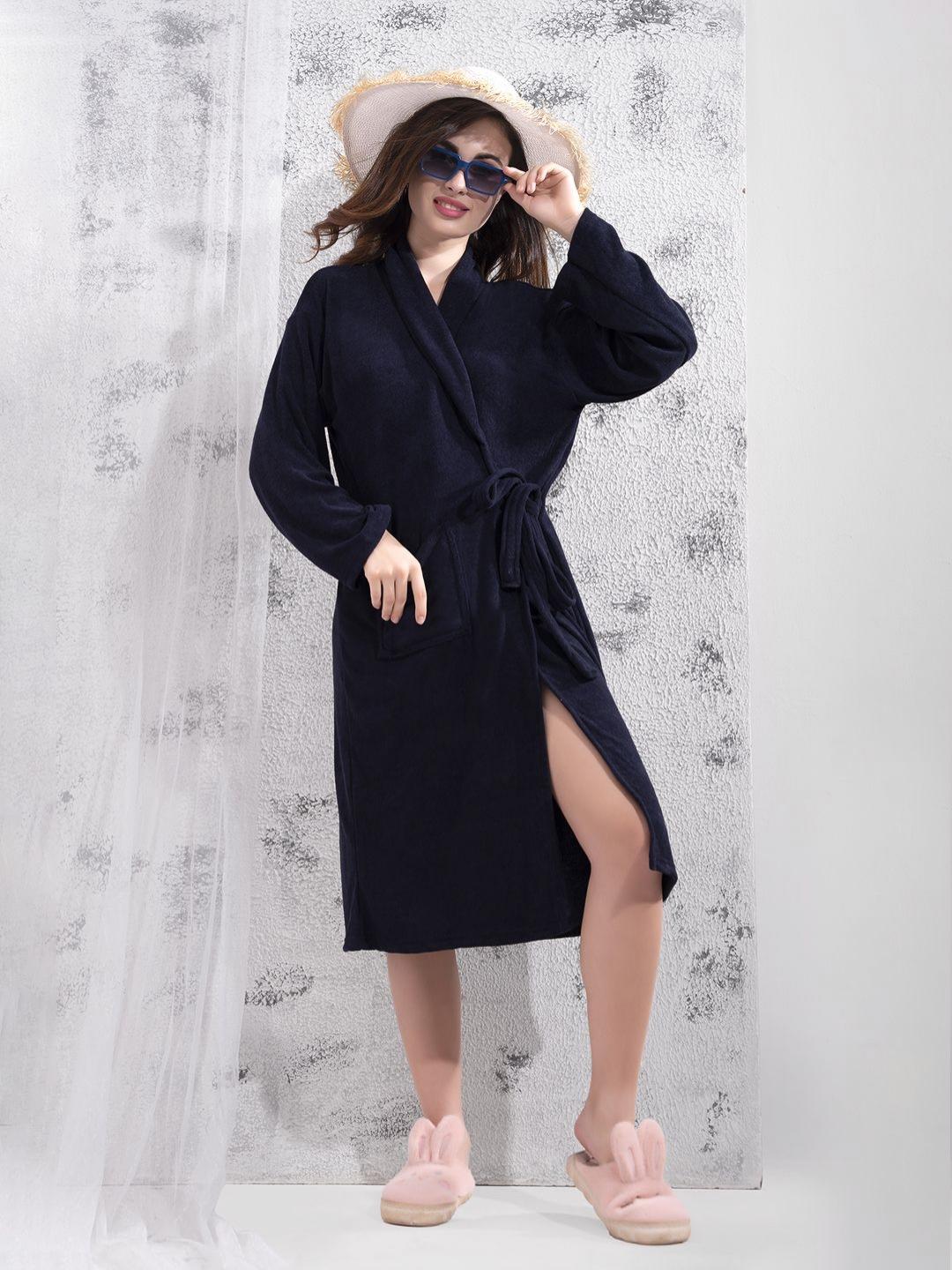 Buy LacyLook Double Navy Blue Solid Cotton Drawstring Midi Bath Robe ...