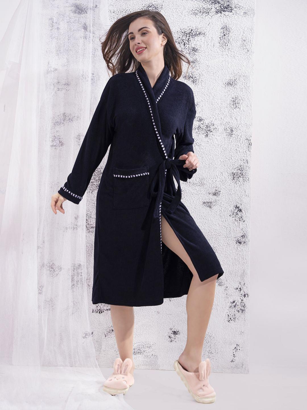Buy LacyLook Double Navy Blue Solid Cotton Drawstring Midi Bath Robe ...