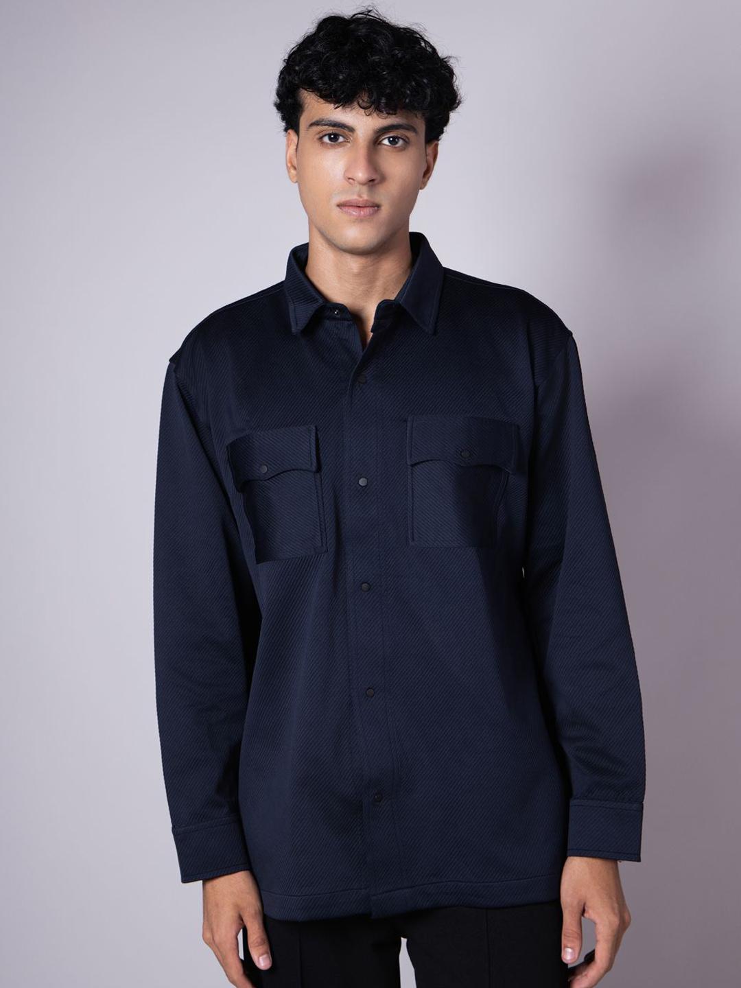 Buy Hop Head Navy Blue Double Pocket Textured Shackets - Jackets for ...