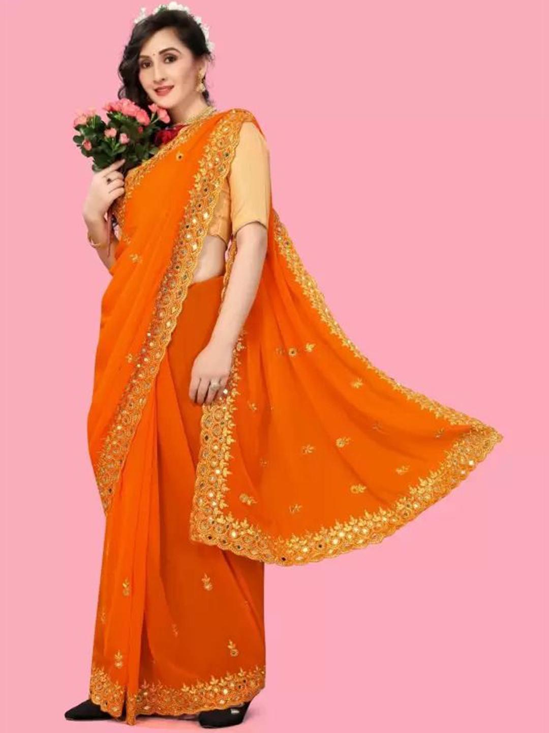Buy SAADHVI Embellished Mirror Work Pure Georgette Fusion Saree ...