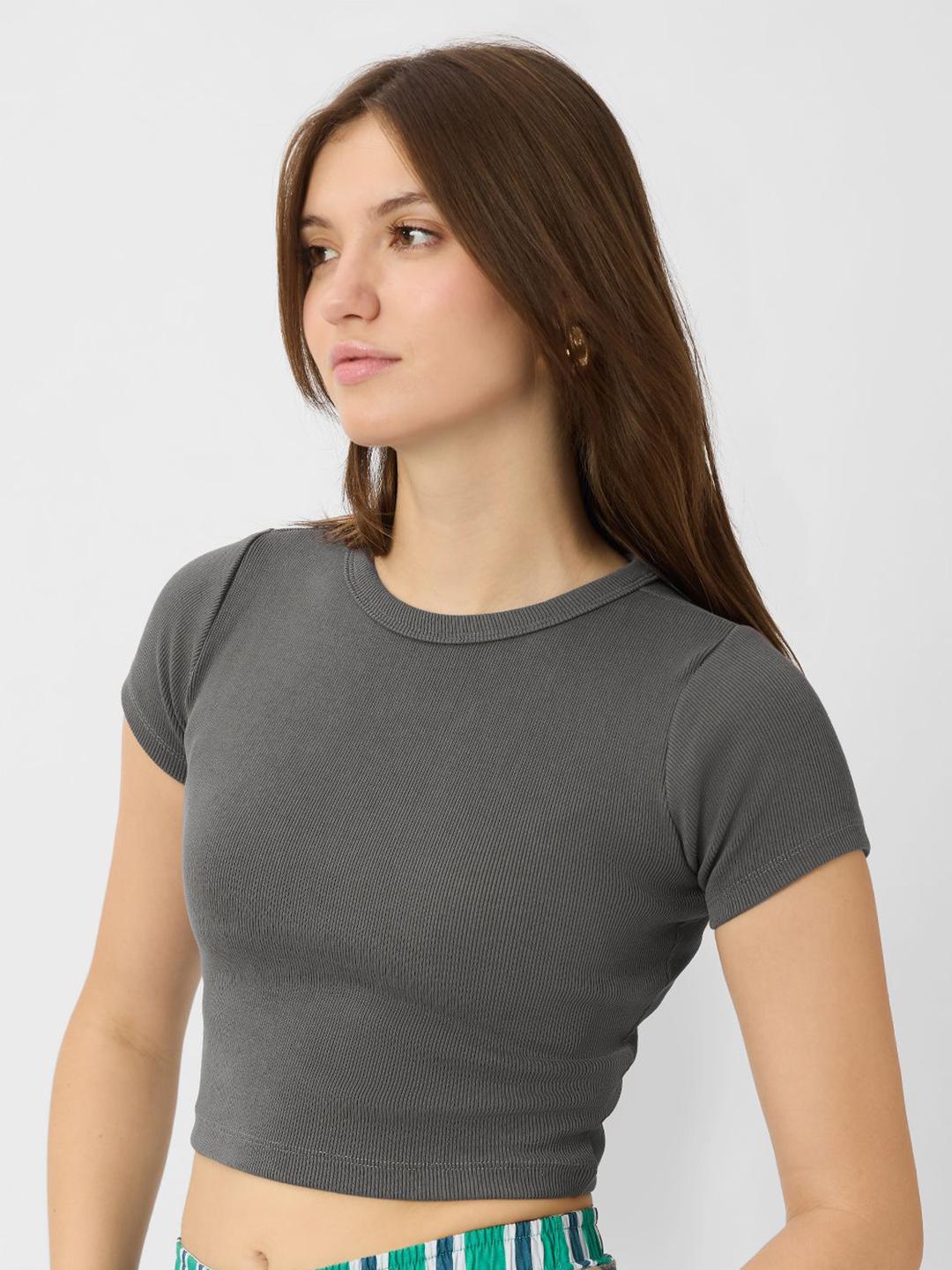 Buy The Souled Store Women Ash Grey Ribbed Crop Top - Tops for Women ...