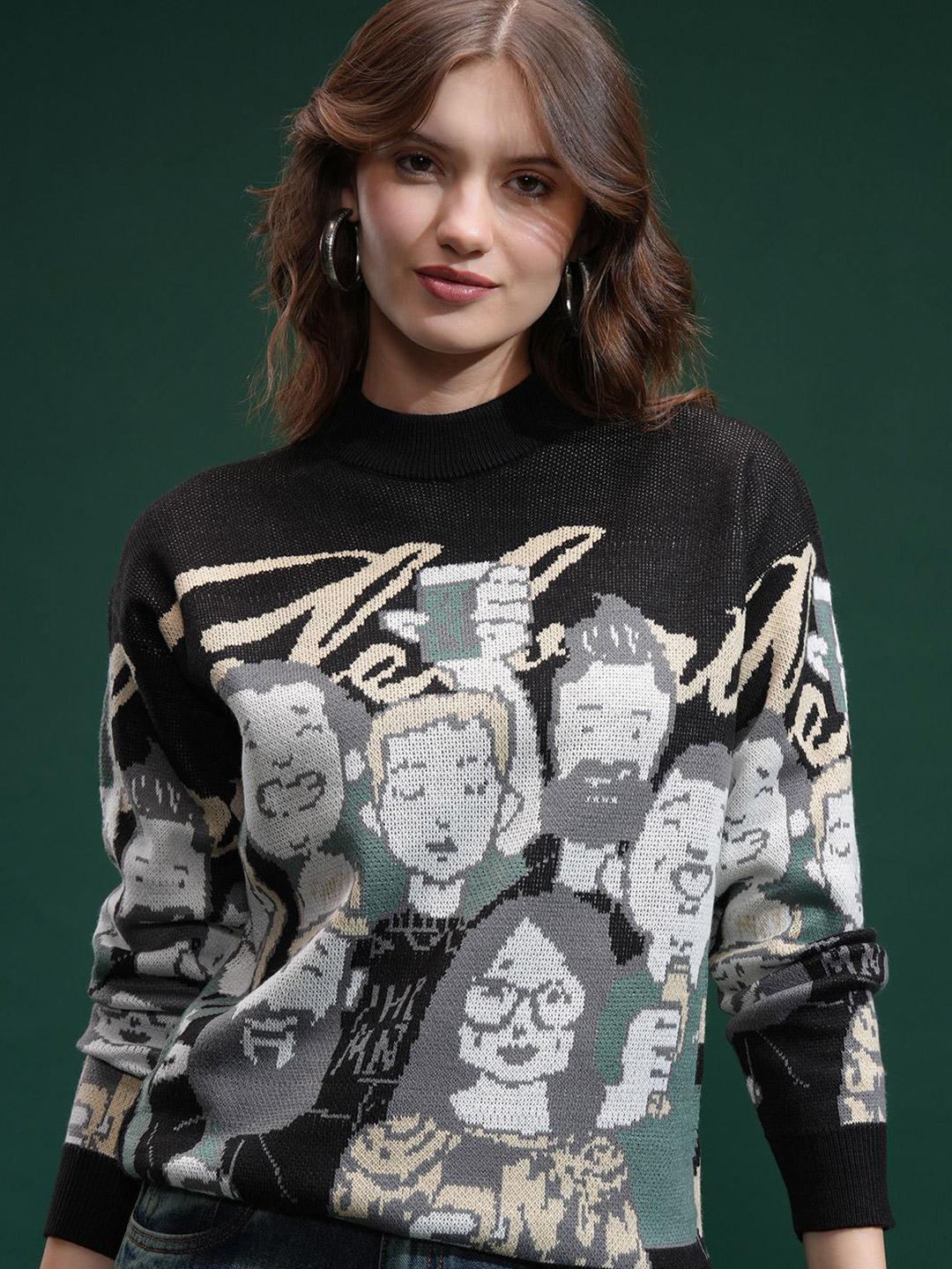 Buy Tokyo Talkies Women Round Neck Self Design Printed Sweater ...