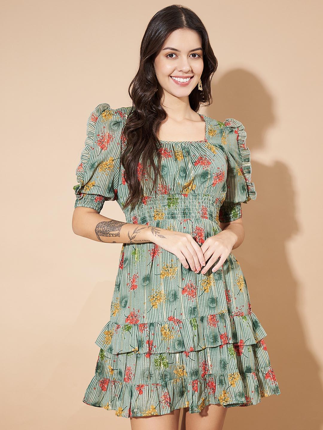 Buy Slenor Floral Print Puff Sleeve Layered Georgette Fit & Flare Mini ...