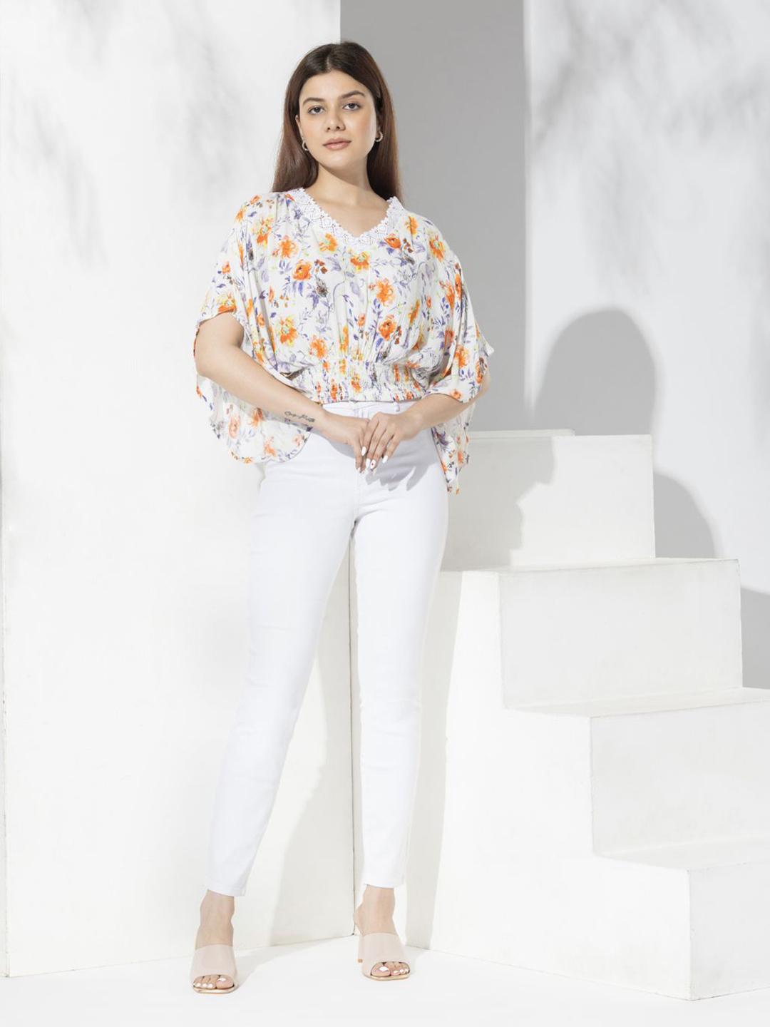 Buy Aumbe Floral Print Extended Sleeves Velvet Blouson Crop Top - Tops ...