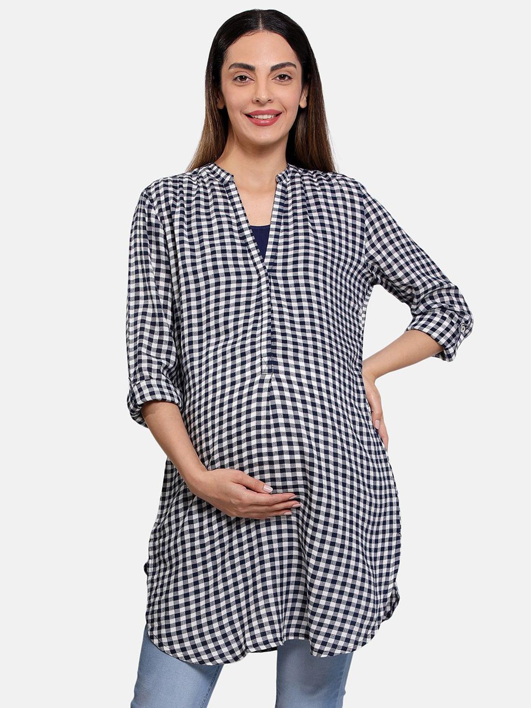 Buy MINI KLUB Women Checked Mandarin Collar Roll Up Sleeves Woven ...
