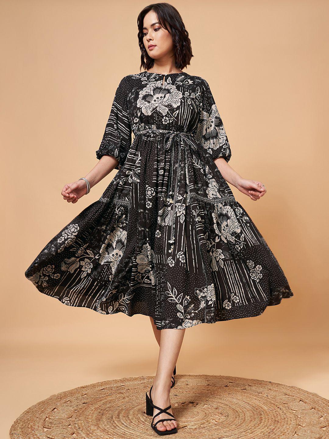 Buy Marigold Lane Printed Puff Sleeves Fit And Flare Midi Dress ...