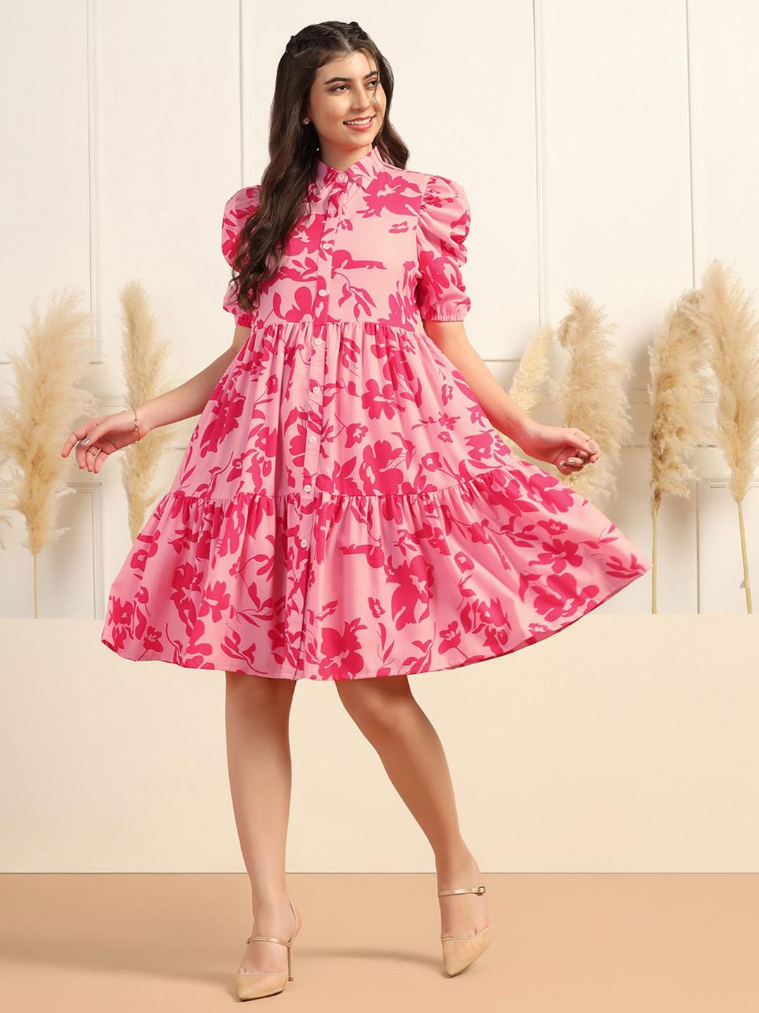 Buy OMPAX Floral Print Puff Sleeve A Line Dress - Dresses for Women ...