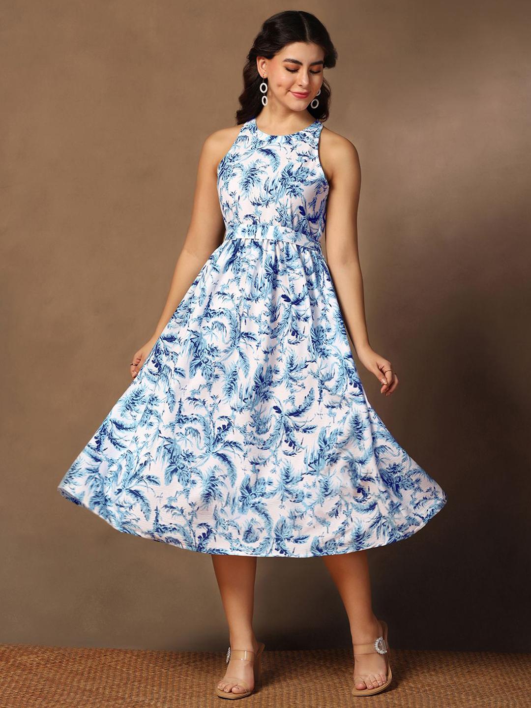 Buy OMPAX Floral Print Halter Neck Fit & Flare Midi Dress - Dresses for ...