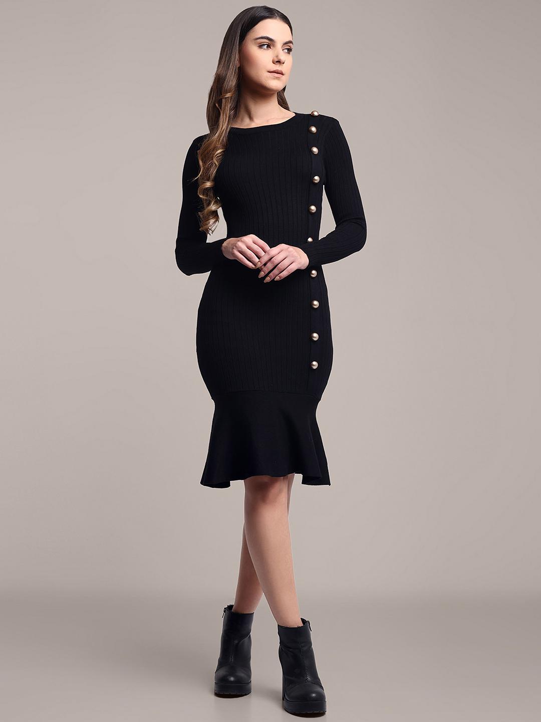 Buy Iki Chic Round Neck Side Button Placket Detail Winter Bodycon Dress ...