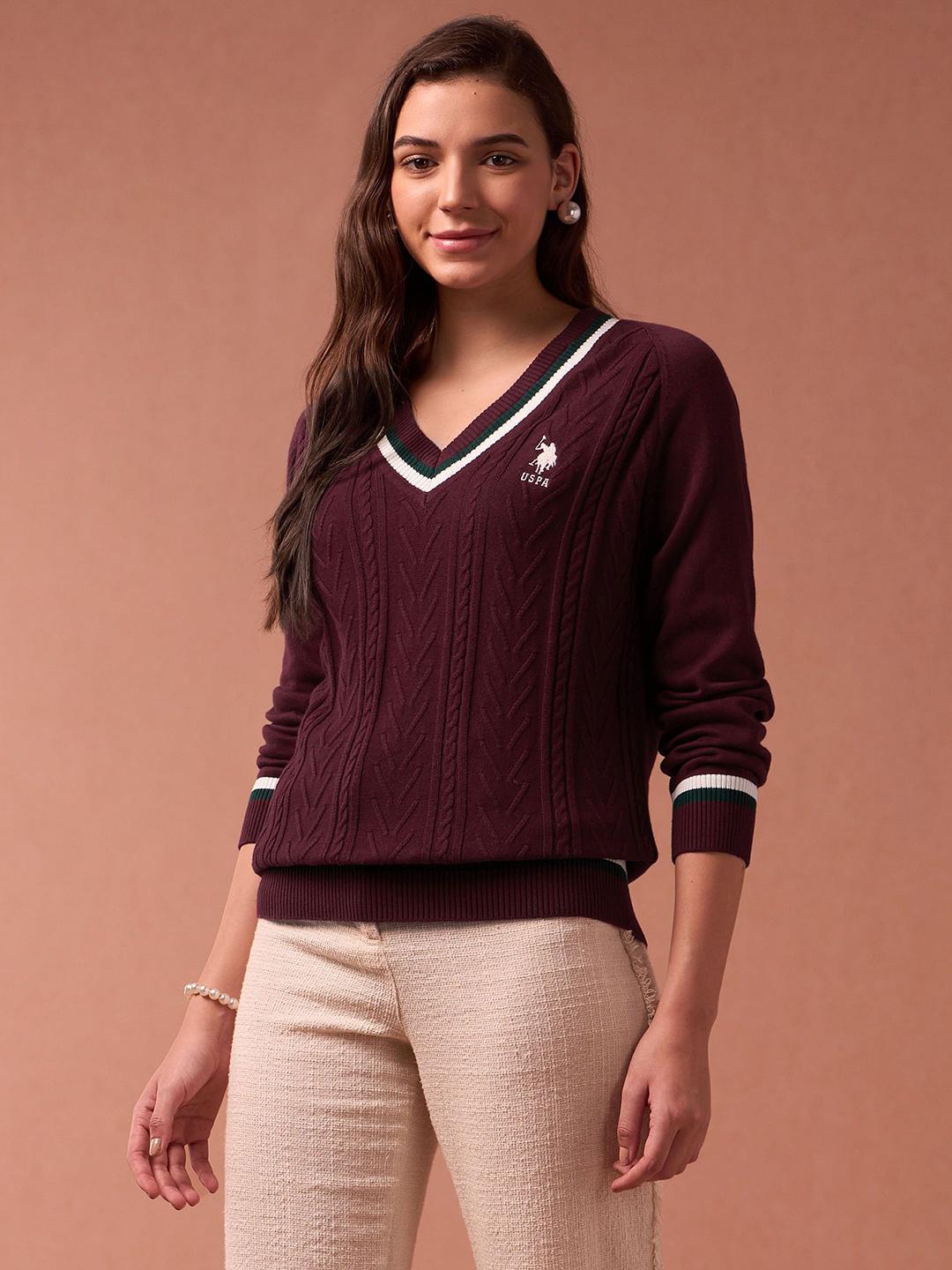 Buy U.S. Polo Assn. Women Women Cable Knit V Neck Pullover Cotton ...