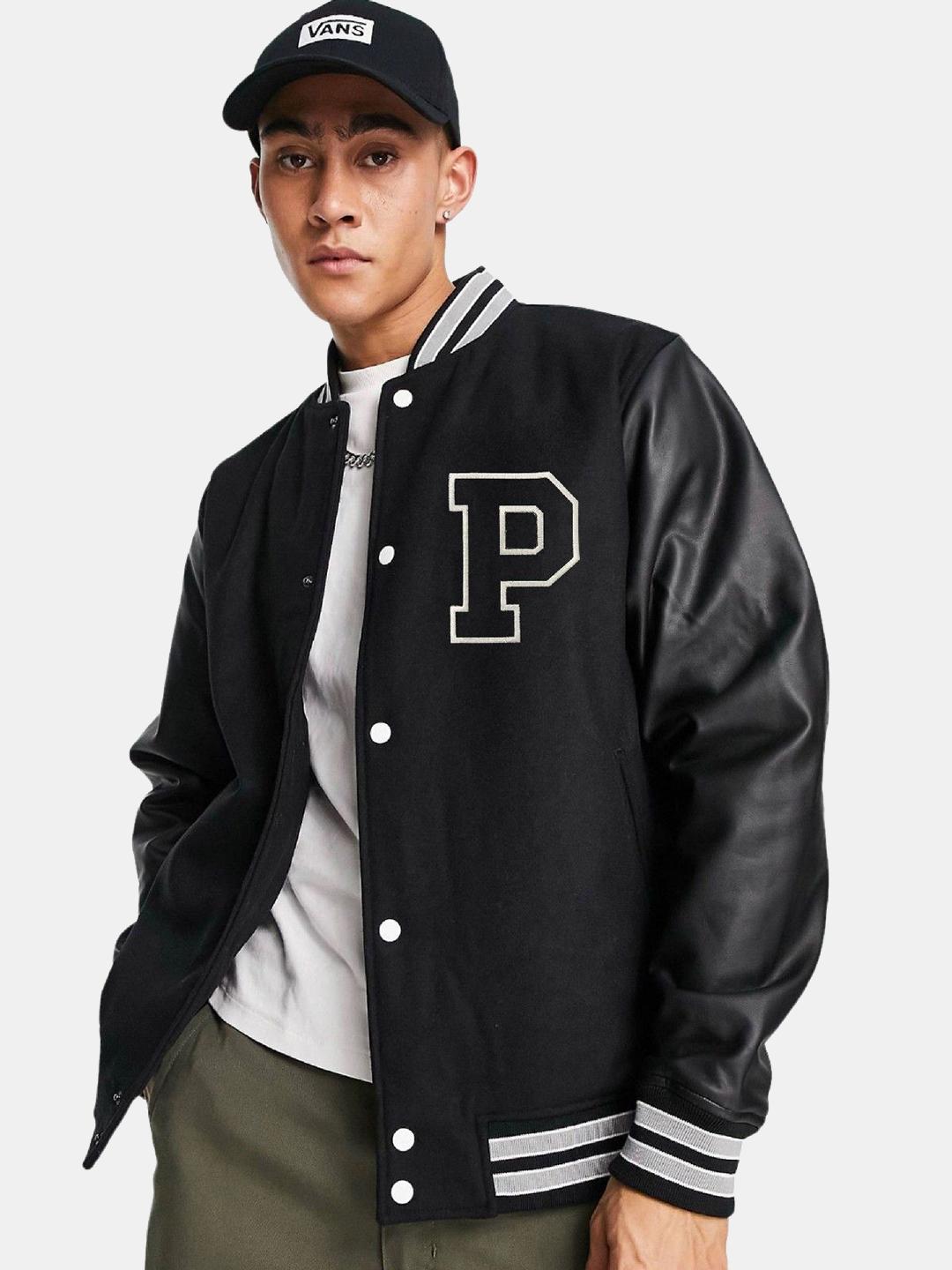 Buy Be Savage Men Solid Varsity Jacket With Faux Leather Sleeves ...
