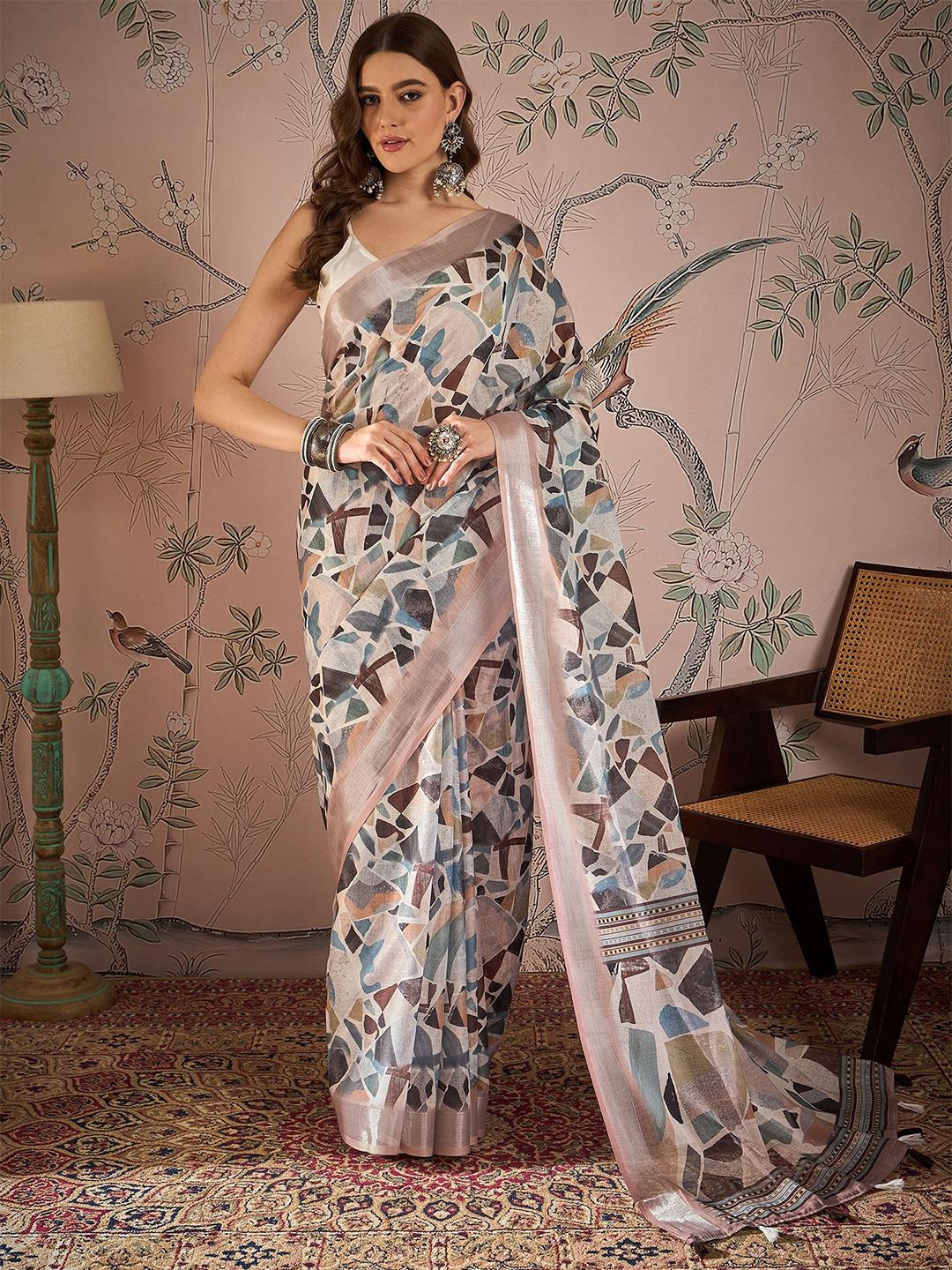 Buy Ariya Prints Floral Zari Linen Blend Block Print Saree - Sarees for ...