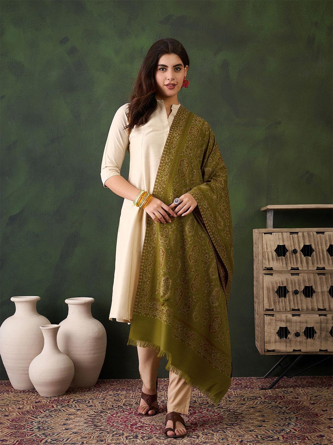 Buy Winter Ethnic Women Floral Woven Design Woollen Shawl - Shawl for ...