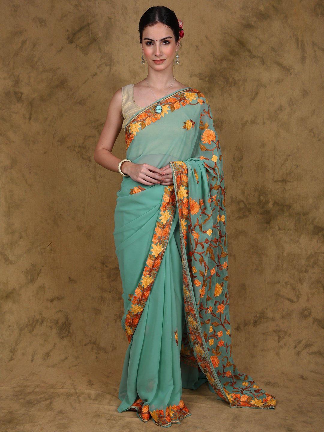 Buy Exotic India Grayed Jade Georgette Saree With Aari Embroidered ...