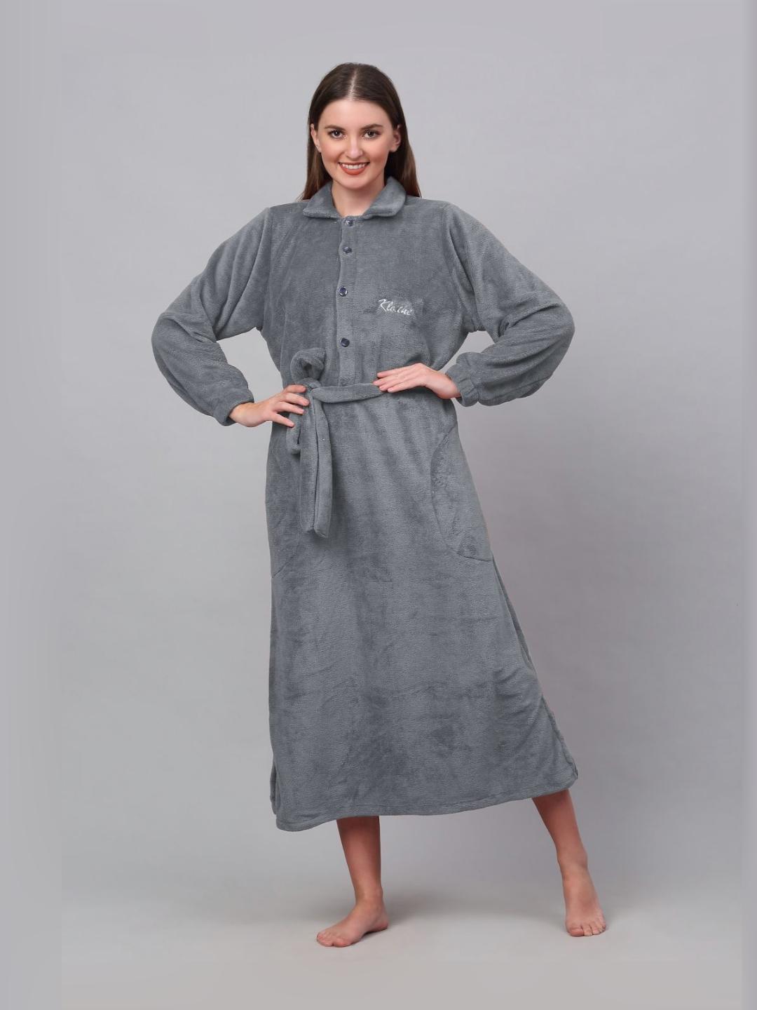 Buy KLOTTHE Grey Solid Wool Drawstring Maxi Bath Robe M - Bath Robe And ...