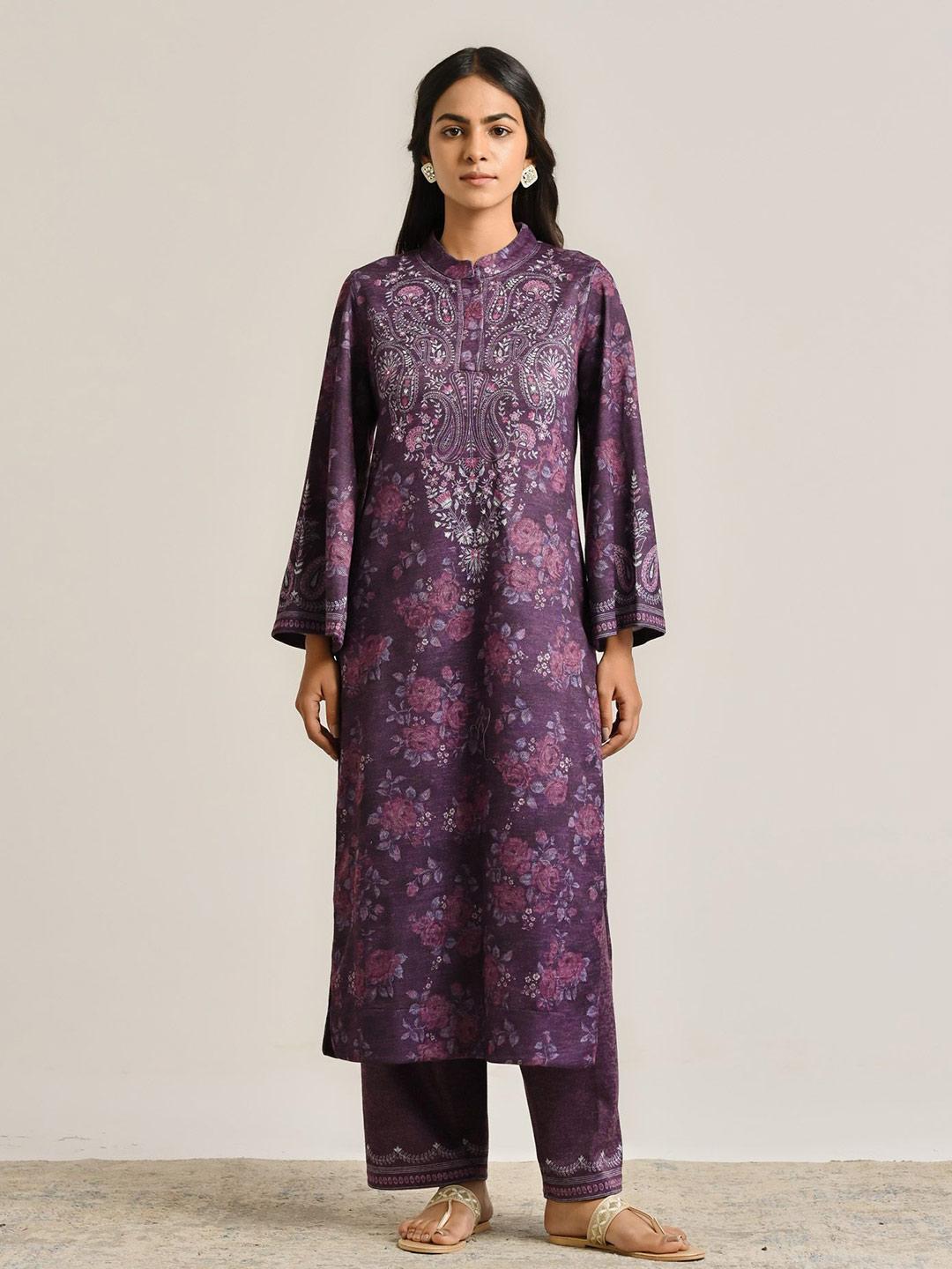 Buy Rustorange Kashmiri Floral Printed Mandrain Collar Woollen Straight ...