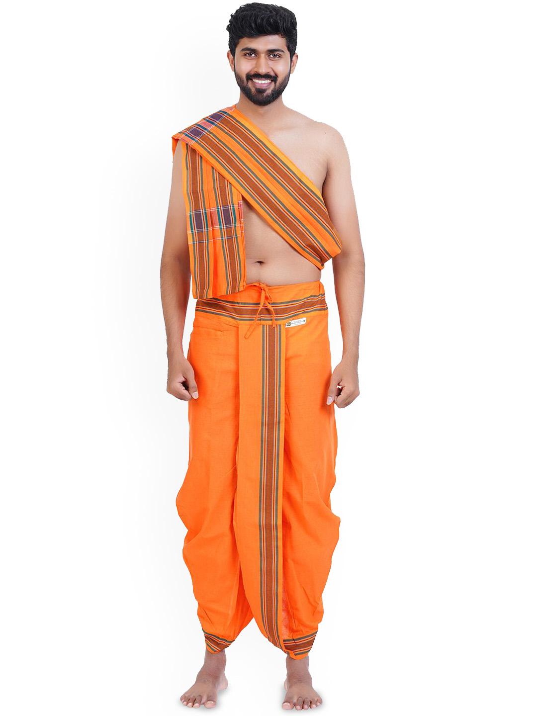 Buy Ethazh Mens Cotton 9*5 Acharya Orange Panchakacham With ...