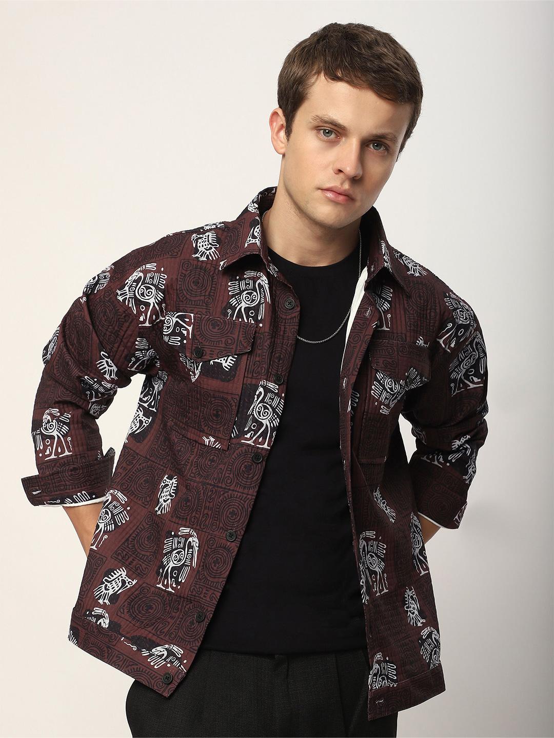 Buy Beyoung Burnt Brick Tribal Print Shacket - Shackets for Men ...