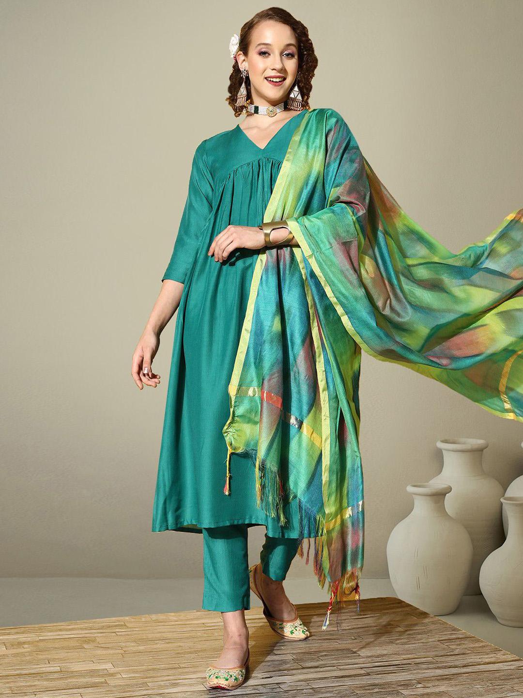 Buy MASSTANI BY INDDUS Women Pleated Kurta With Trousers & With Dupatta ...