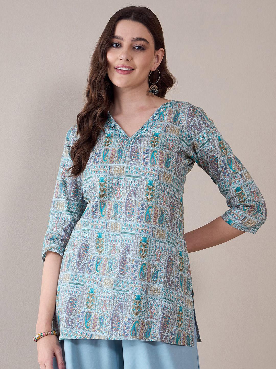 Buy Anouk Rustic Ethnic Motifs Printed V Neck Pure Cotton Pleated Kurti ...