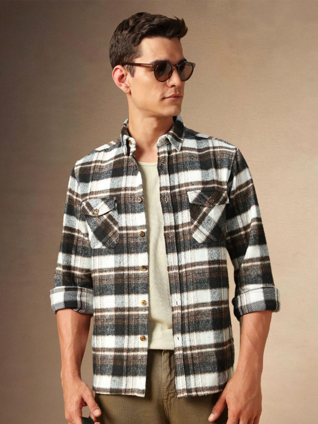 Buy Dennis Lingo Men Spread Collar Flannel Checked Cotton Relaxed Fit ...