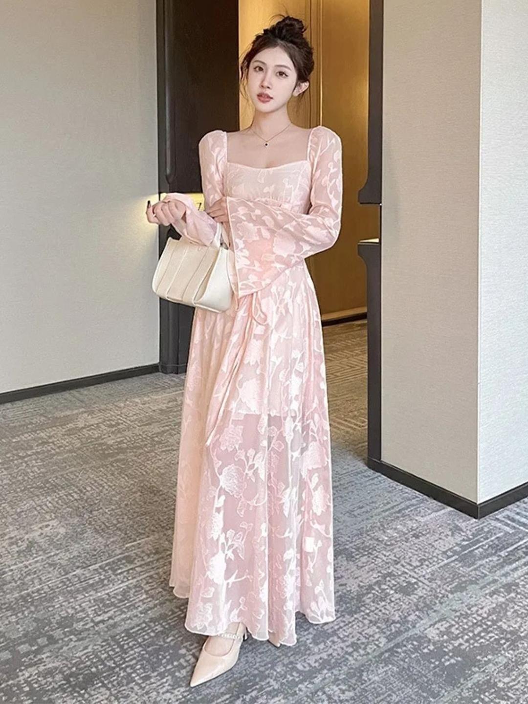Buy Elegant Pink Floral Self Design Maxi Dress With Flared Sleeves ...