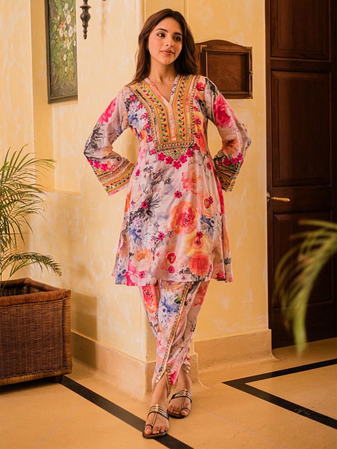 Buy HOUSE OF KARI Floral Printed Sequinned Anarkali Fusion Kurta With ...