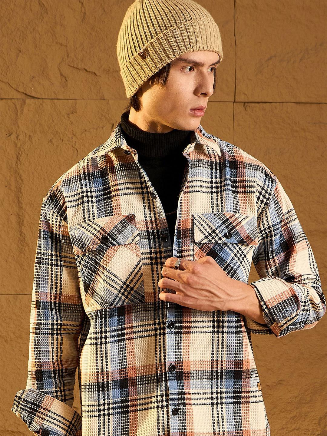 Buy DENNISON Men Double Pocket Drop Shoulder Oversized Cotton Checked ...