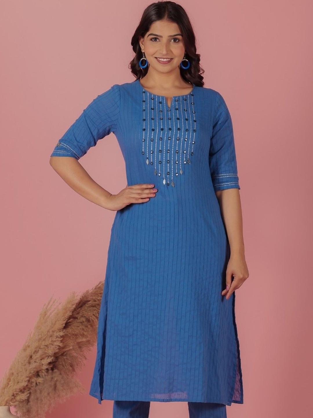 Buy Aramya Striped Mirror Work Cotton A Line Kurta - Kurtas for Women ...