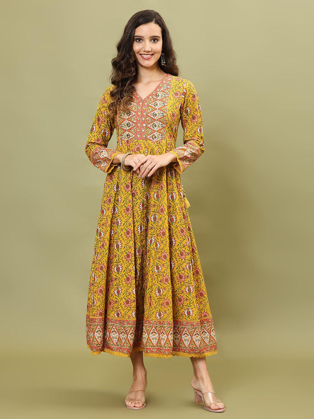 Buy Meena Bazaar Women Ethnic Motifs Printed Cotton V Neck Fit & Flare ...