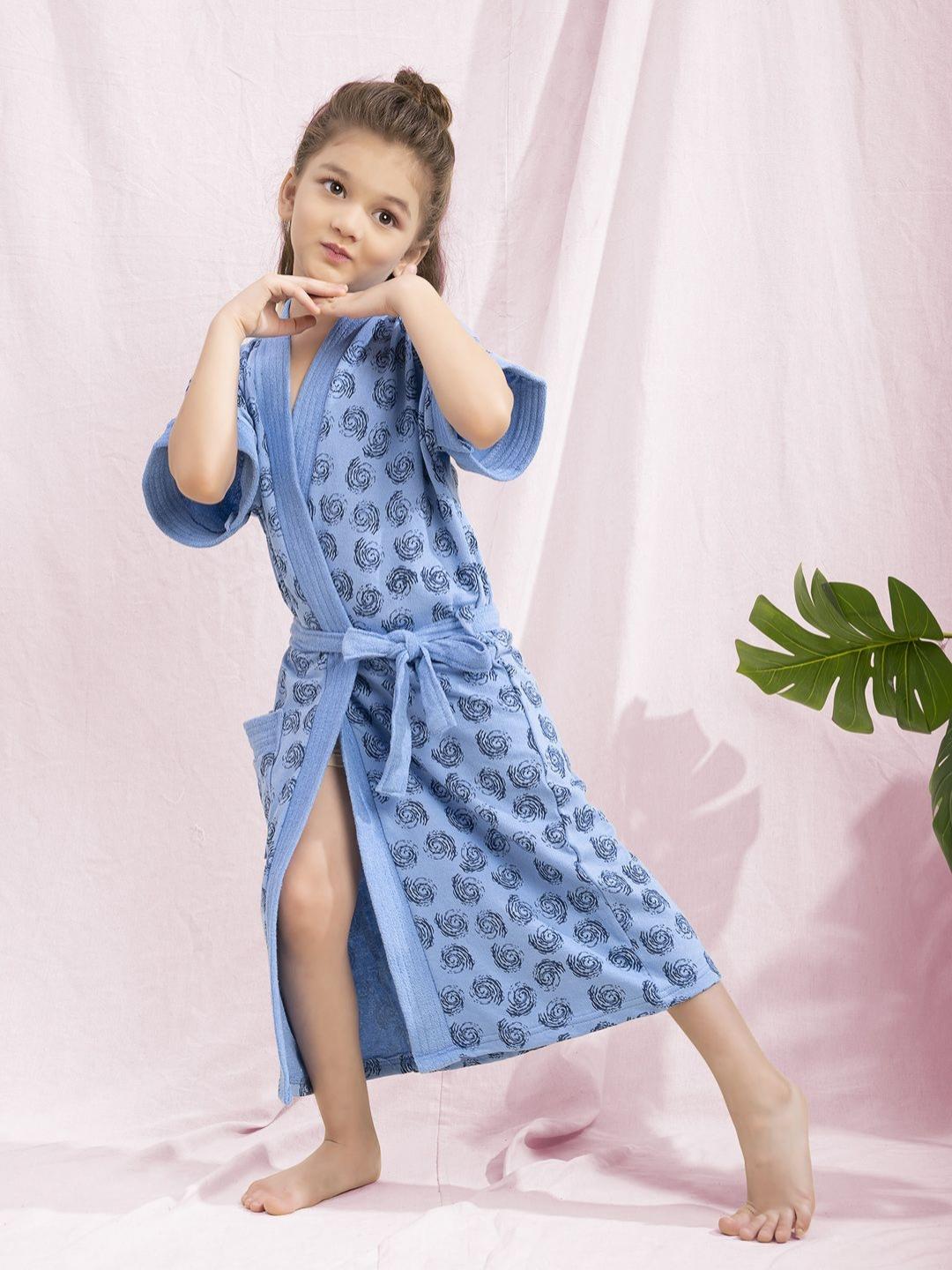 Buy LacyLook Rose Blue Conversational Cotton Drawstring Maxi Bath Robe ...