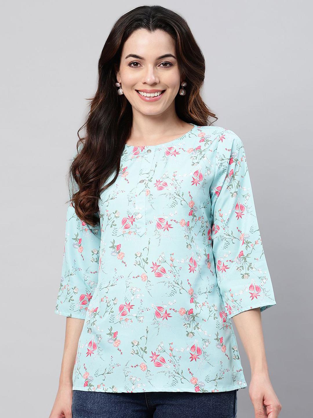 Buy FLAMBOYANT Women Floral Printed Round Neck Cotton Top - Tops for ...