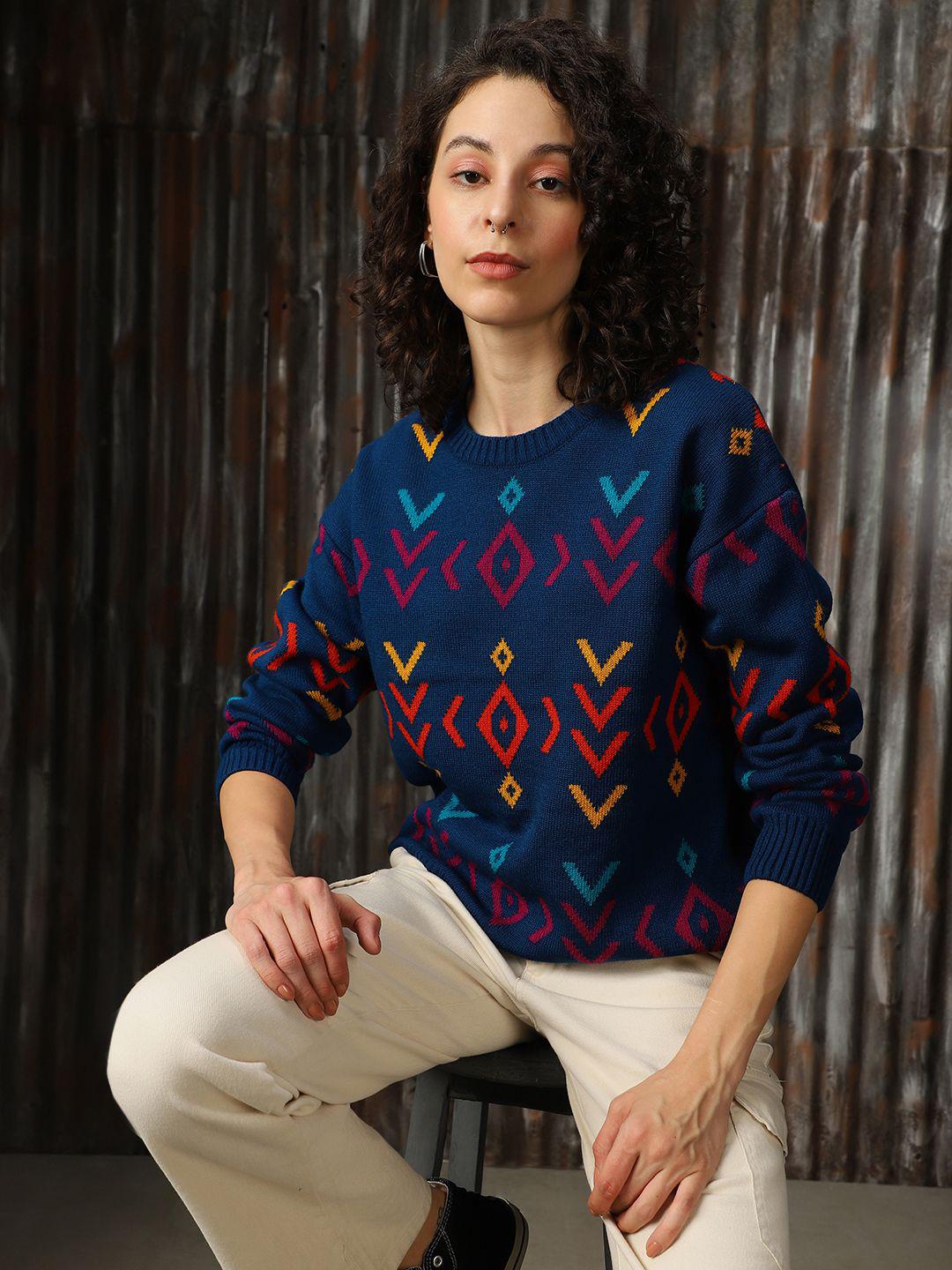 Buy High Star Women Abstract Pattern Round Neck Boxy Fit Pullover ...