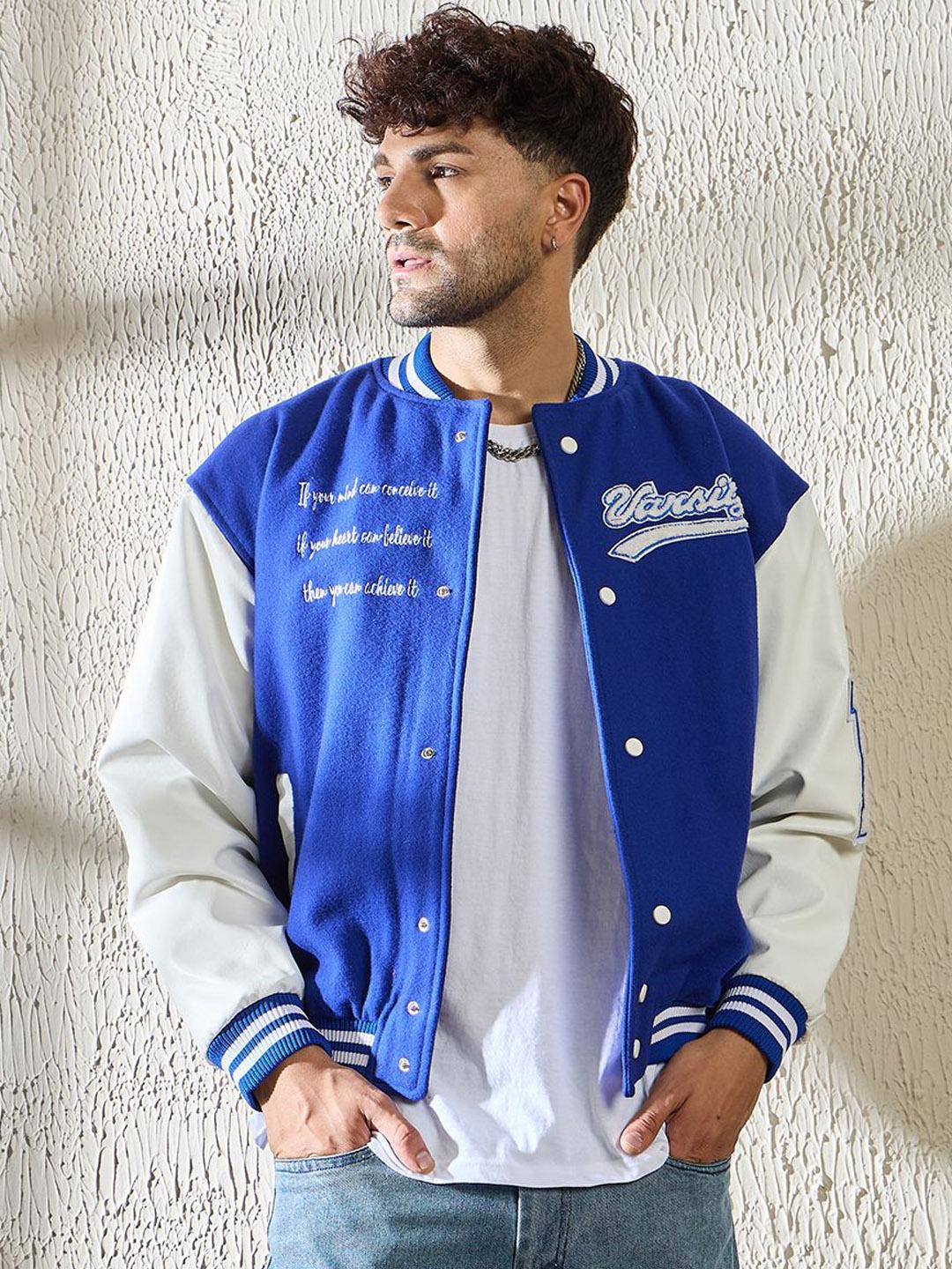 Buy FUGAZEE Men Stand Collar Typography Printed Woollen Casual Varsity ...
