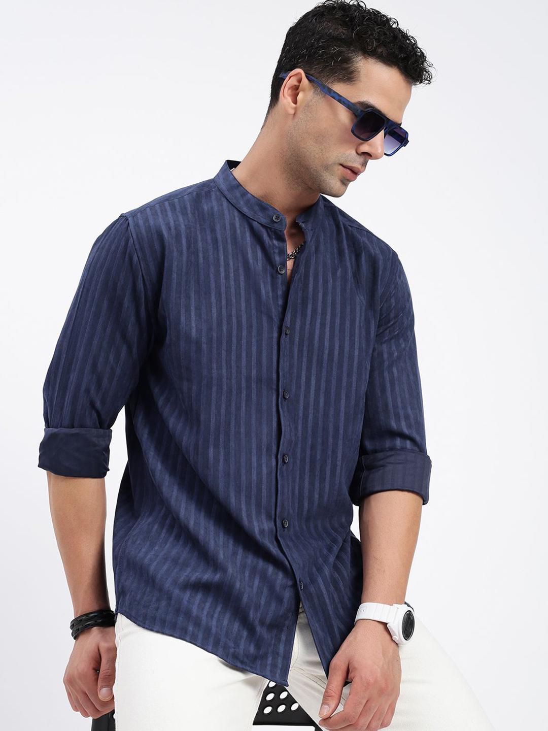 Buy SHOWOFF Men Standard Band Collar Textured Cotton Casual Shirt ...