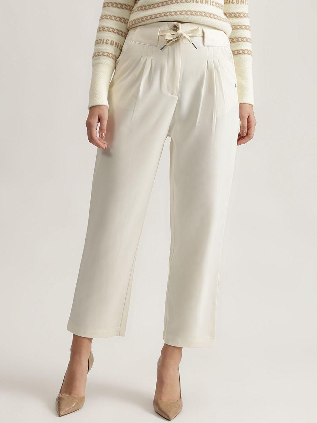 Buy Iconic Women Off White Solid Regular Fit Double Pleated Trouser ...